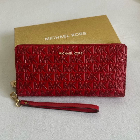 Michael Kors | Bags | Michael Kors Mk Red Wristlet Wallet Glitter ...